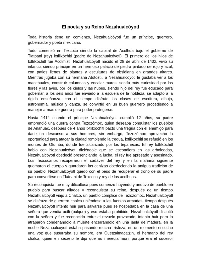 El Poeta y Su Reino Nezahualcóyotl | PDF | azteca | Mesoamérica