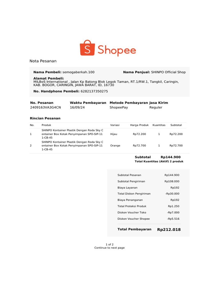 Nota Shopee Kontainer | PDF