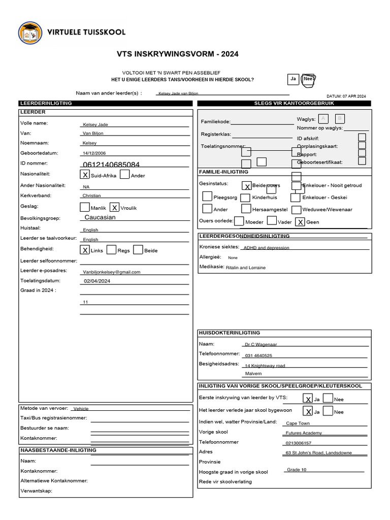 2024 VTS Nuwe Inskrywingsvorm | PDF