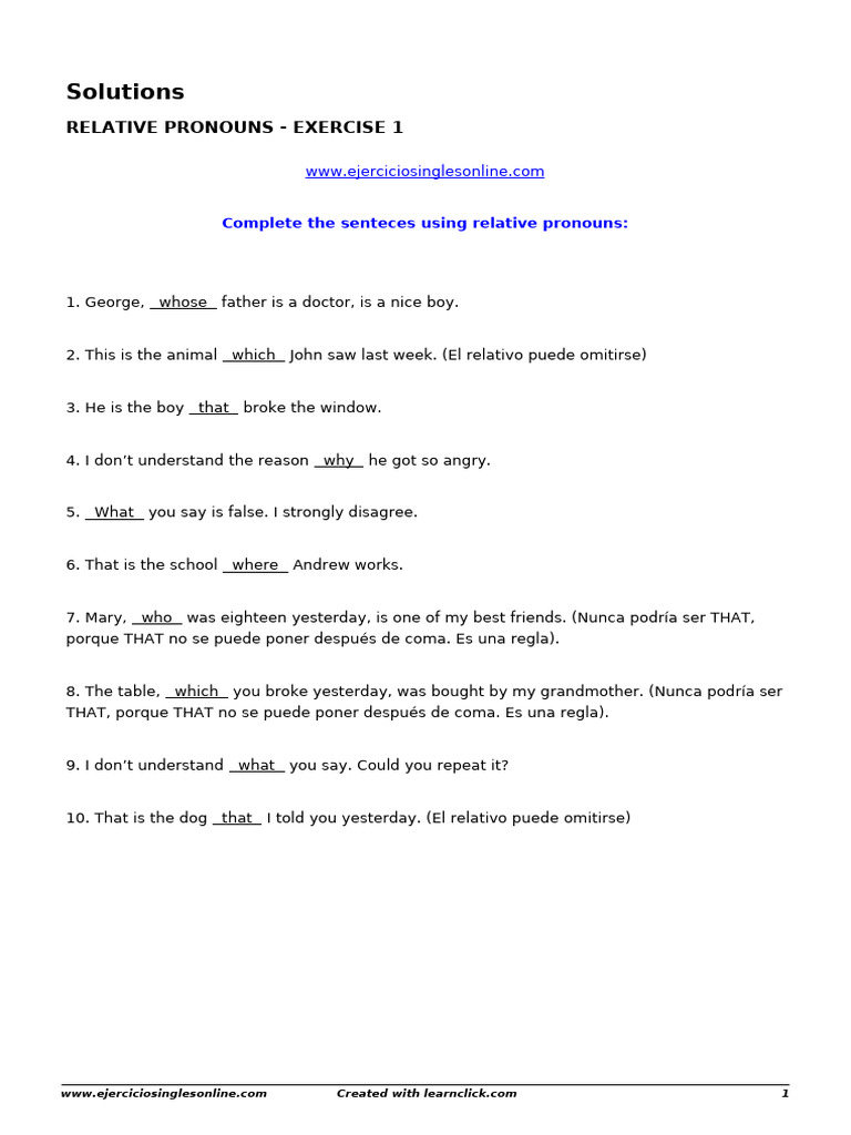 Solutions Relative Pronouns Exercise 1 | PDF