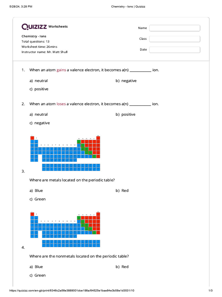 Chemistry Ions Worksheet Quiz | PDF | Ion | Chemistry