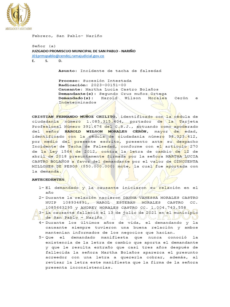 Incidente de Tacha de Falsedad en Sucesión | PDF | Justicia | Crimen y ...