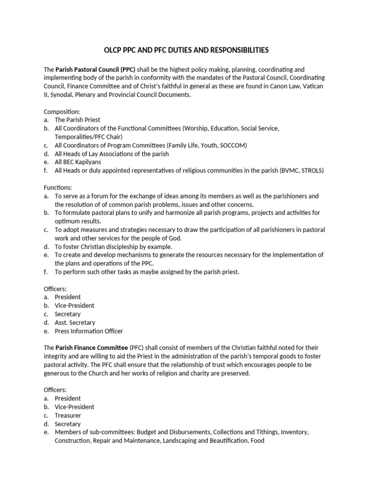 Parish Pastoral Council Duties Overview | PDF | Liturgy | Pastor