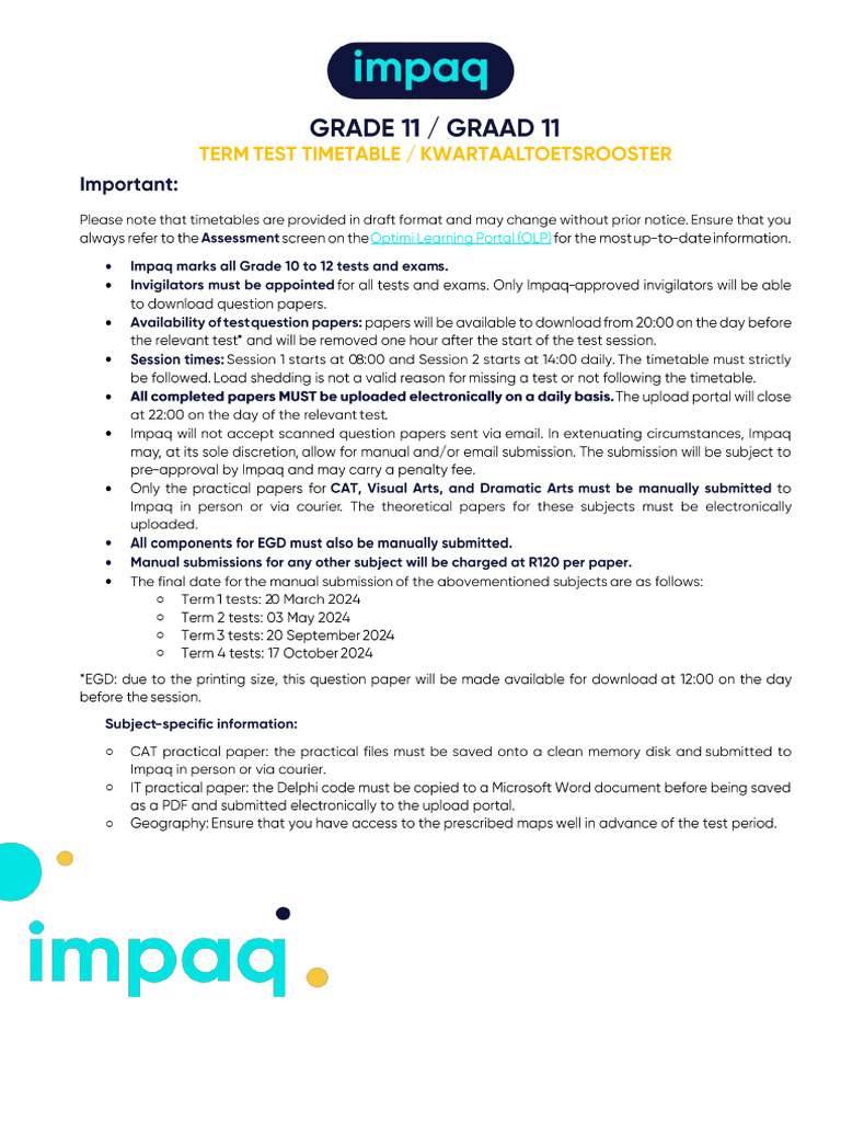 Grade 11 Test timetable Toetsrooster 2024 2 | PDF