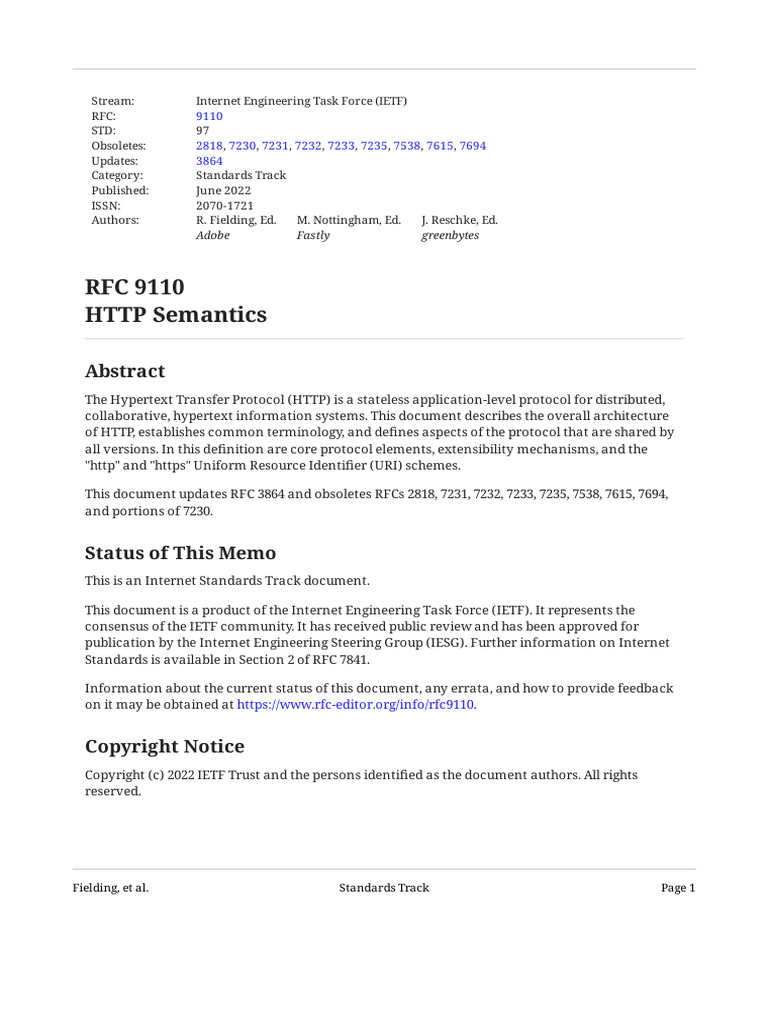 Rfc9110 HTTP Semantics | PDF | Uniform Resource Identifier | Web Server