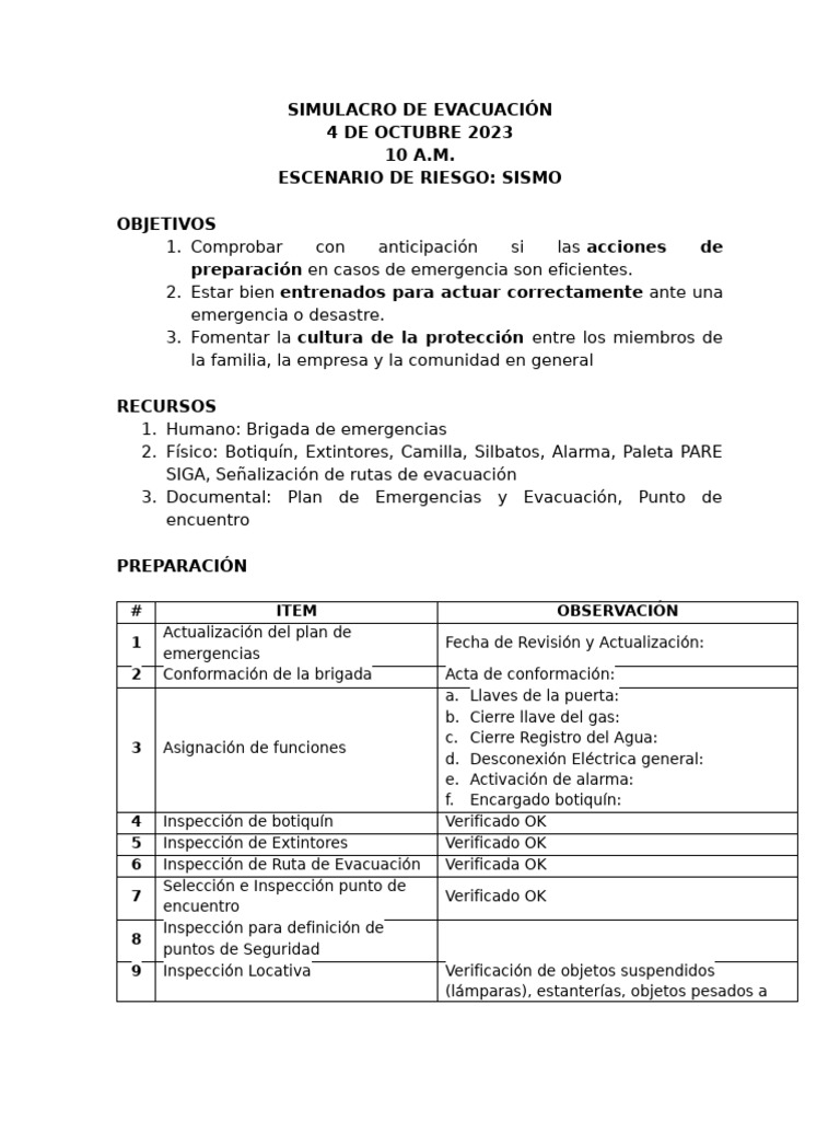 Informe Simulacro | PDF