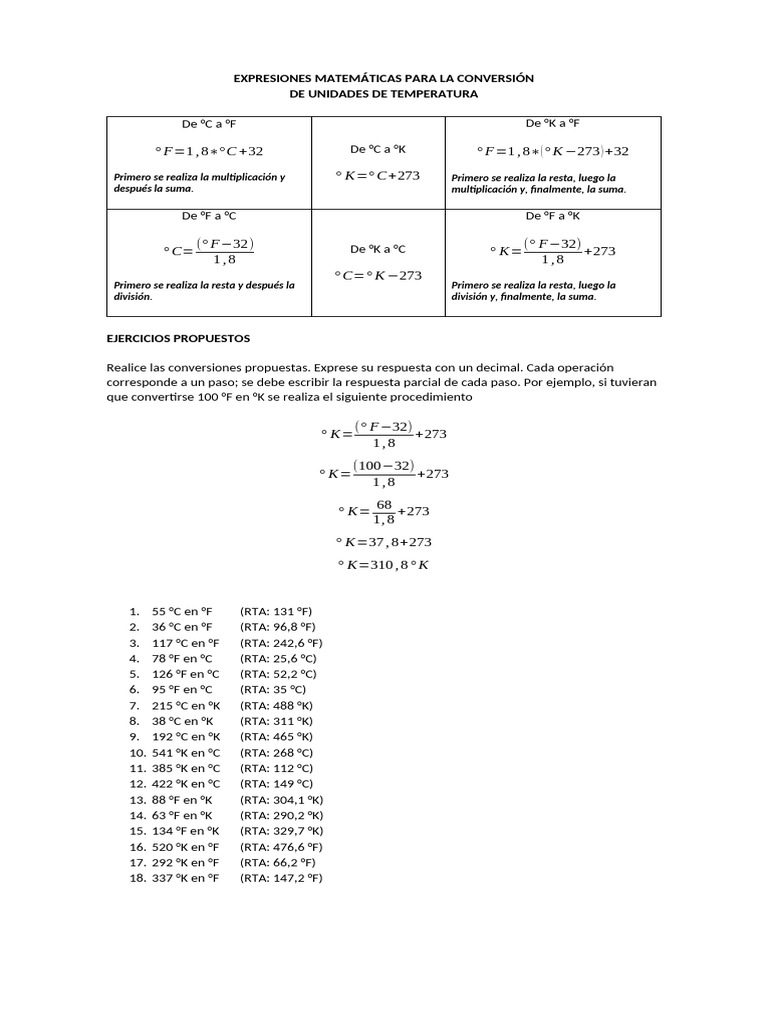 Formulas para La Conversion de Unidades de Temperatura Con Ejercicios Propuestos | PDF | Métodos ...