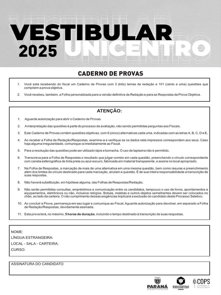 Caderno De Provas Vestibular 2025 Pdf Português Idioma Portugal