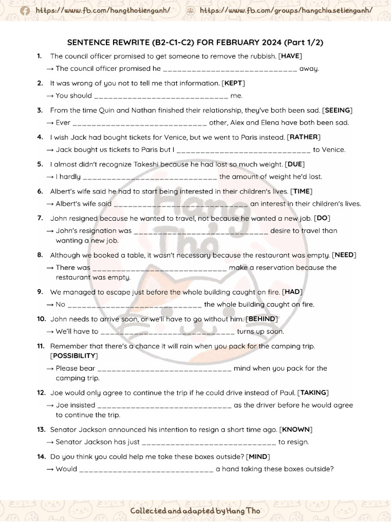 (Hang Thỏ) Sentence Rewrite for Feb 2024 (Part 1) | PDF