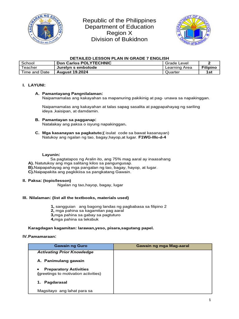 DEPED LP TEMPLATE Jurelyn DLP Filipino | PDF