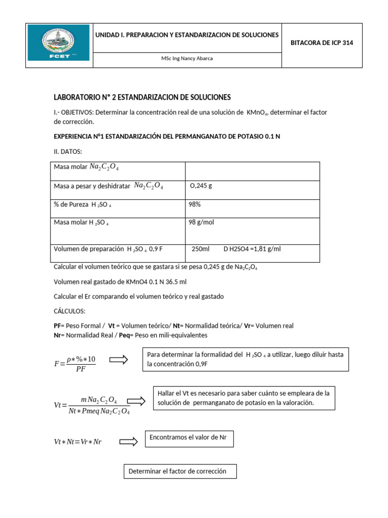 Lab. N°1 Exp 2 Estandarizacion de Soluciones - A3 | PDF | Concentración | Sustancias químicas