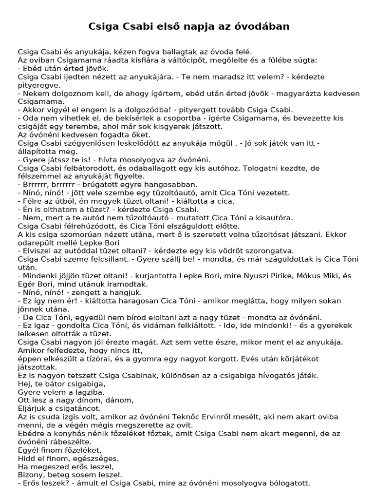 Csiga Csabi Első Napja Az Óvodában | PDF