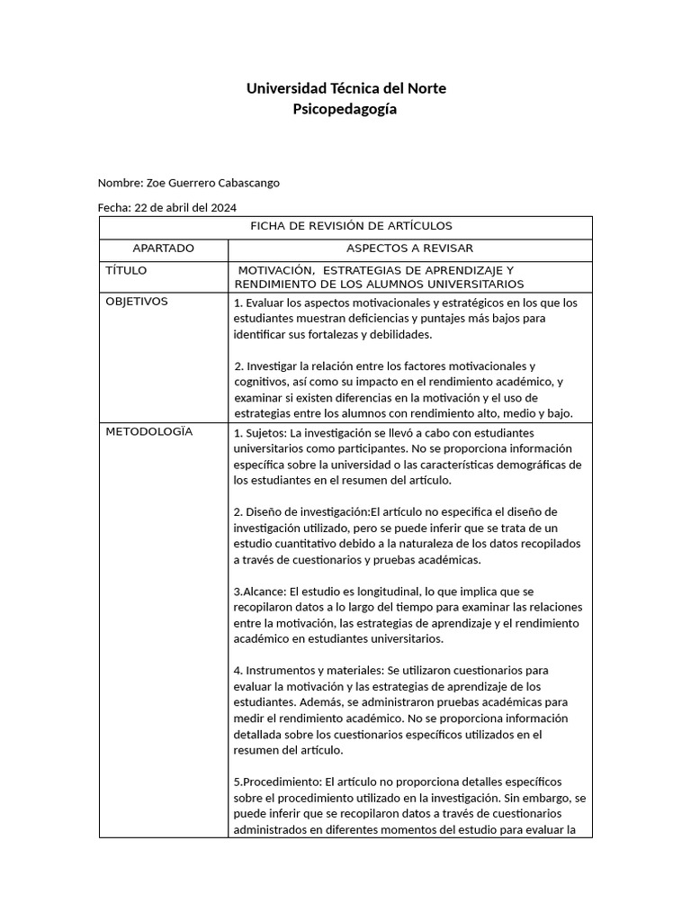 Ficha de Revisión de Articulo | PDF | Aprendizaje | Motivación
