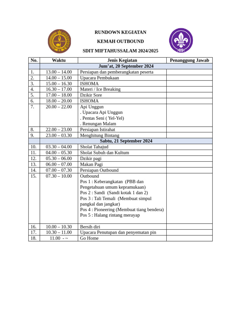 Rundown Kegiatan Kemah Outbound | PDF