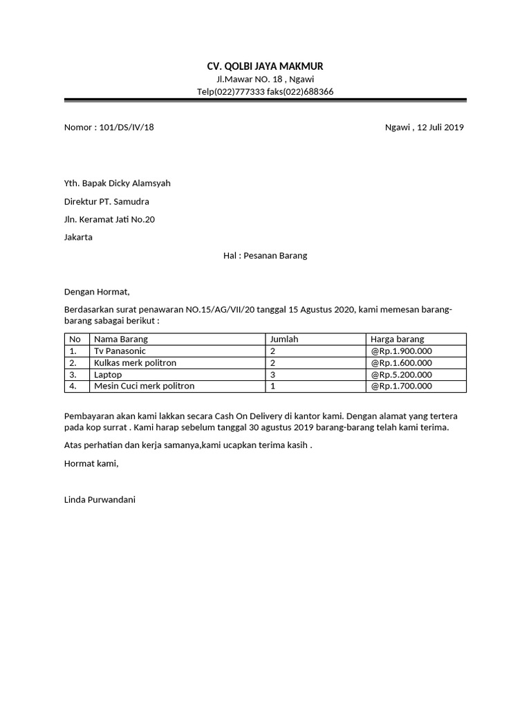 surat pesanan barang bu ambar | PDF