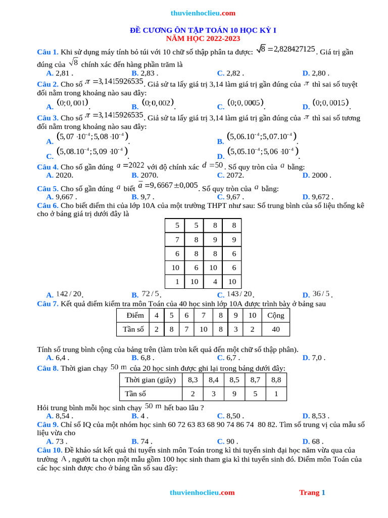 De Cuong On Tap Toan 10 HK1 Nam 2022 2023 | PDF