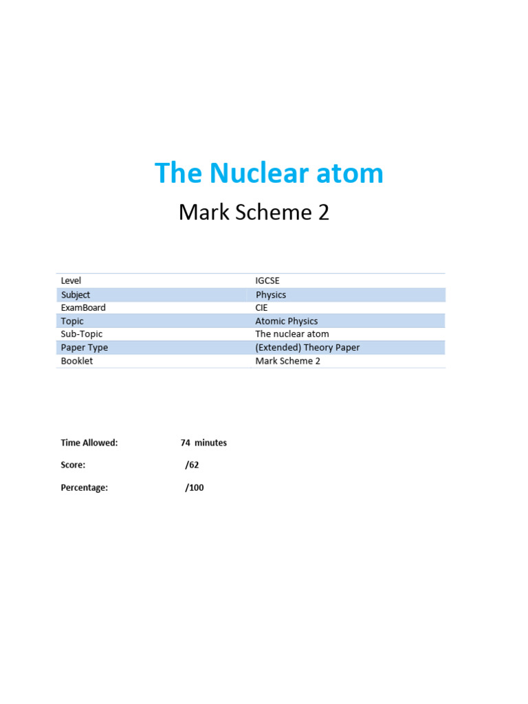IGCSE CIE Atomic Physics Mark Scheme | PDF | Neutron | Proton