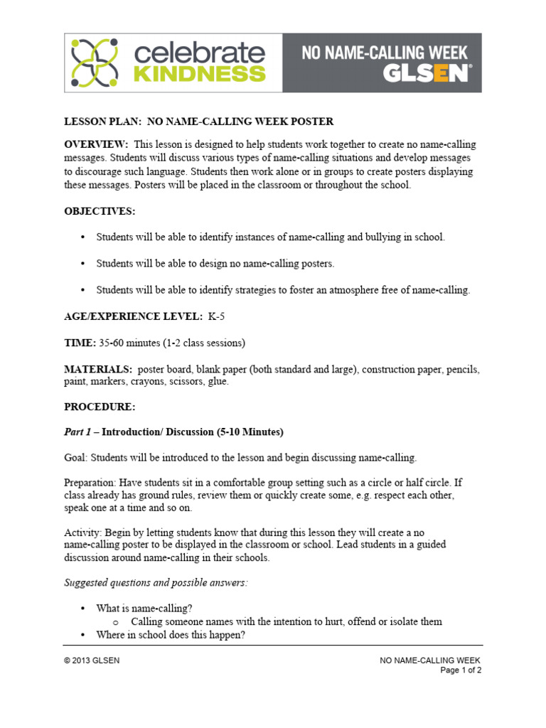 No Name-Calling Week Lesson Plan | PDF | Brainstorming | Cognition