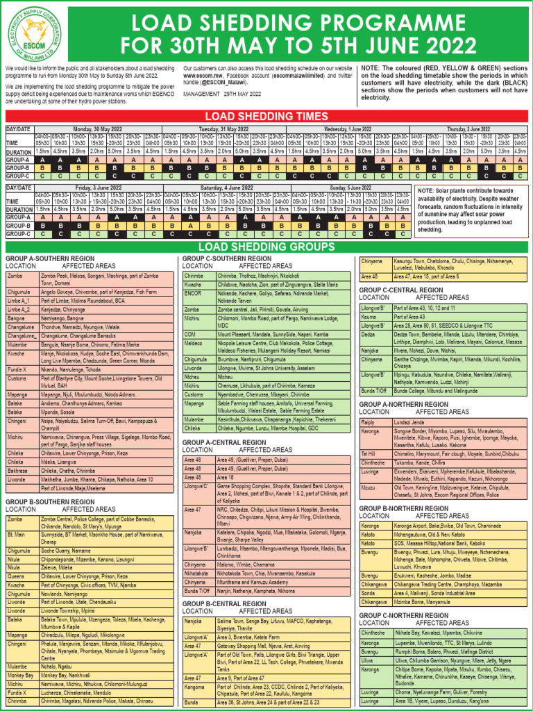 Escom Load Shedding 30th May 2022 | PDF | Renewable Resources | Power ...