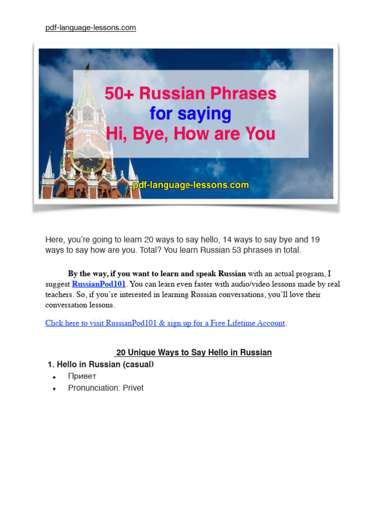 50+ Russian Phrases For Saying Hi, Bye, How Are You Author PDF Language ...