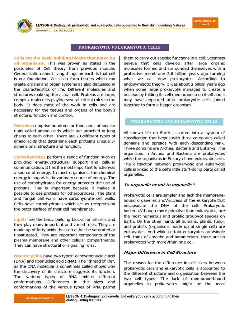 Lesson 4 - Prokaryotic VS. Eukaryotic Cells | PDF | Cell (Biology ...