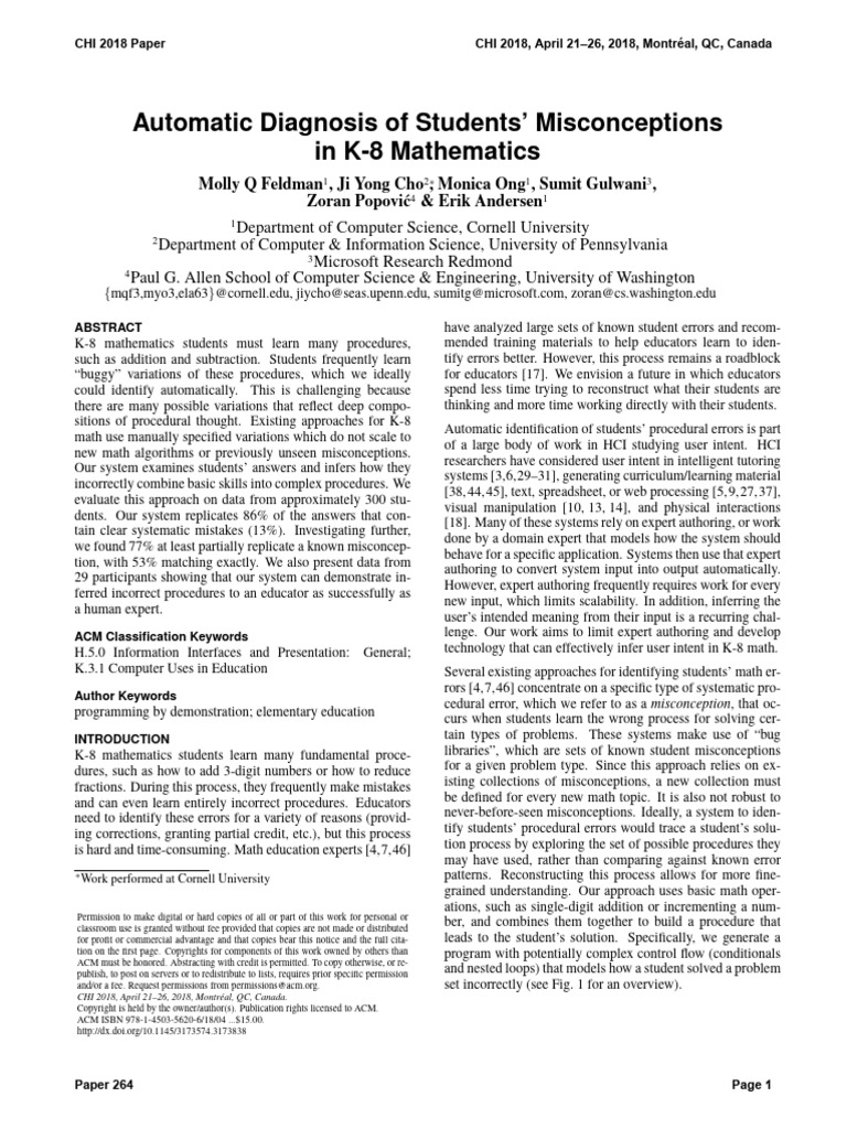Automatic Diagnosis of Students' Misconceptions in K-8 Mathematics | PDF | Mathematics | Computing