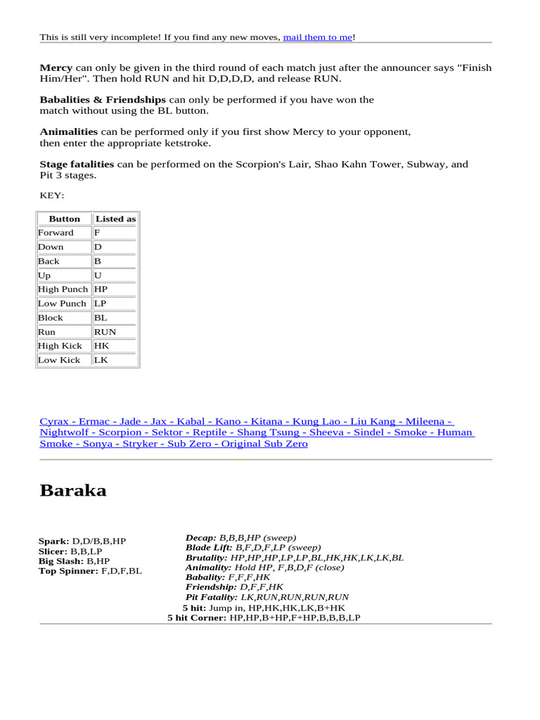Mortal Kombat Trilogy Moves Guide | PDF | Warner Bros. Franchises ...