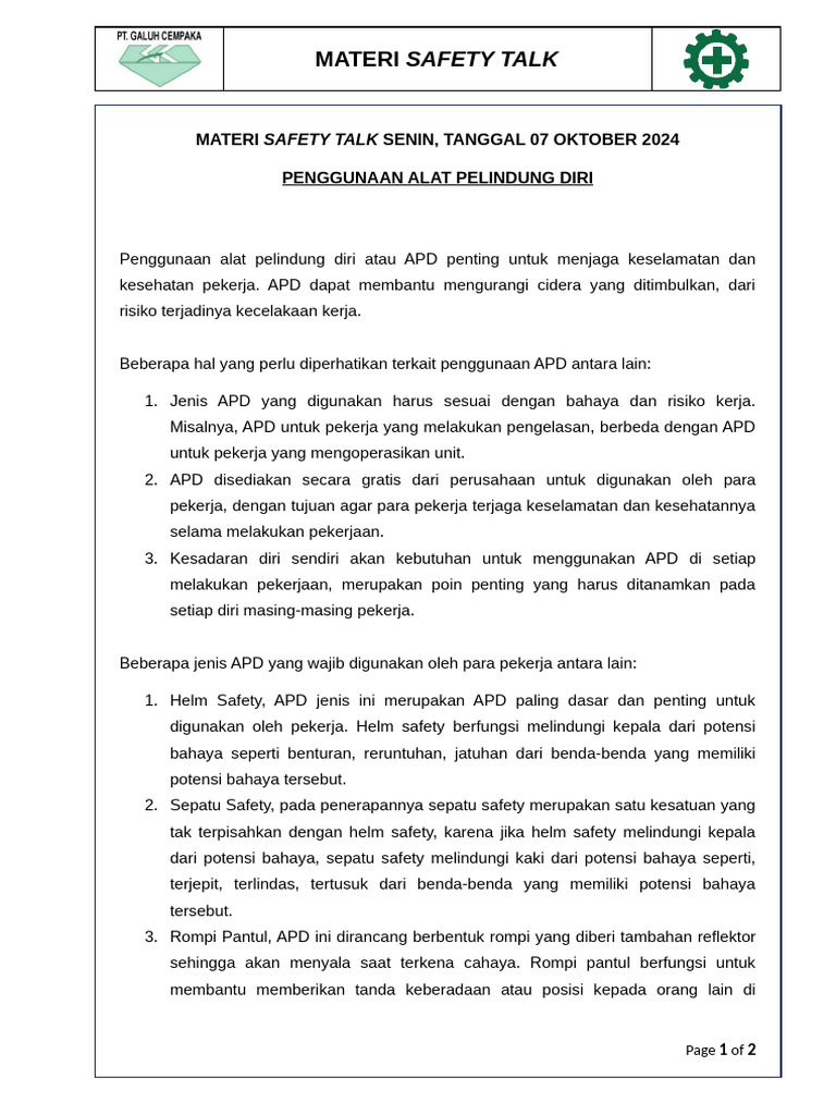 20241007 MATERI SAFETY TALK_HSE | PDF