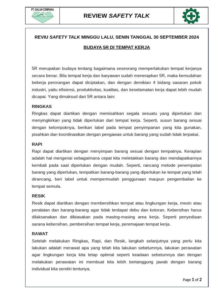 Review Safety Talk - Hse | PDF