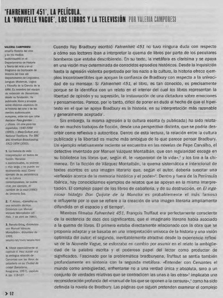 'Fahrenheit 451'' La Pel¡Cula La 'Nouvelle Vacue', Los Libros Y La Te Evision | PDF