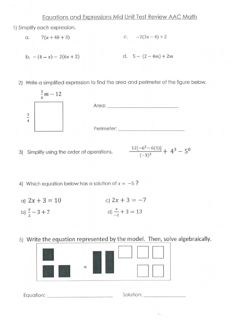 TEST REVIEW Equations and Expression Mid Unit Test AAC Blank | PDF