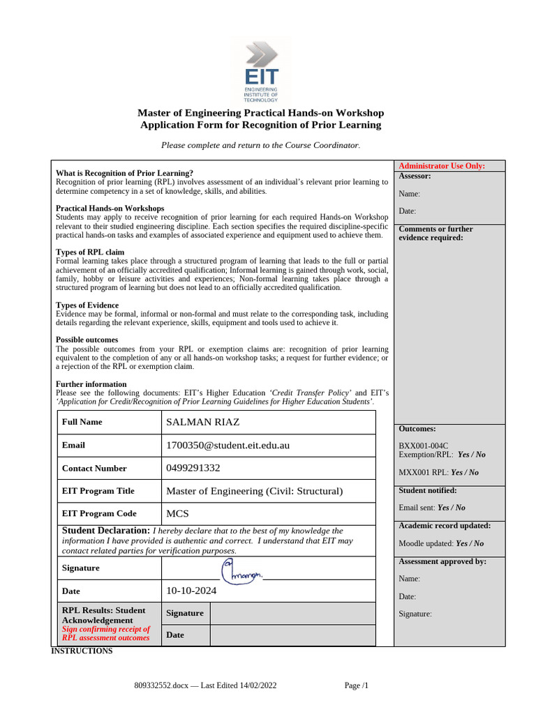 EIT Masters Practical Hands-On Workshop RPL Application Form v3 | PDF