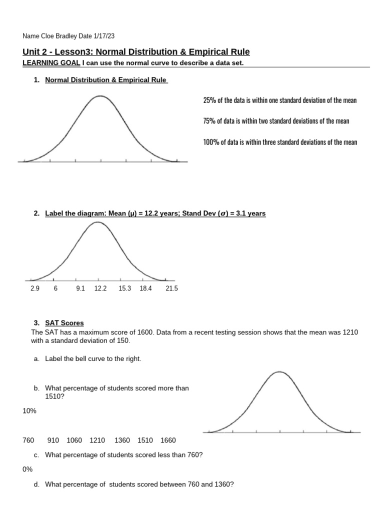 Lesson 3 Classwork On Normal Curve & Empirical Rule | PDF | Normal ...