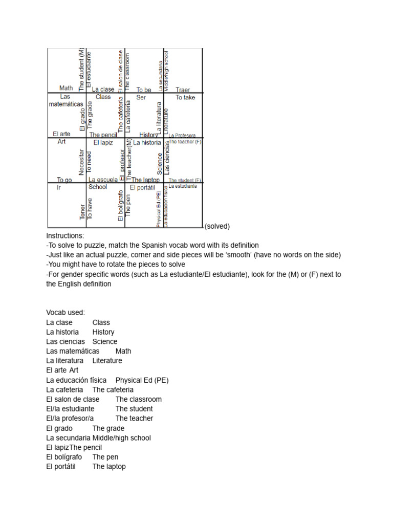 Puzzle: Escuela Vocabulario | PDF