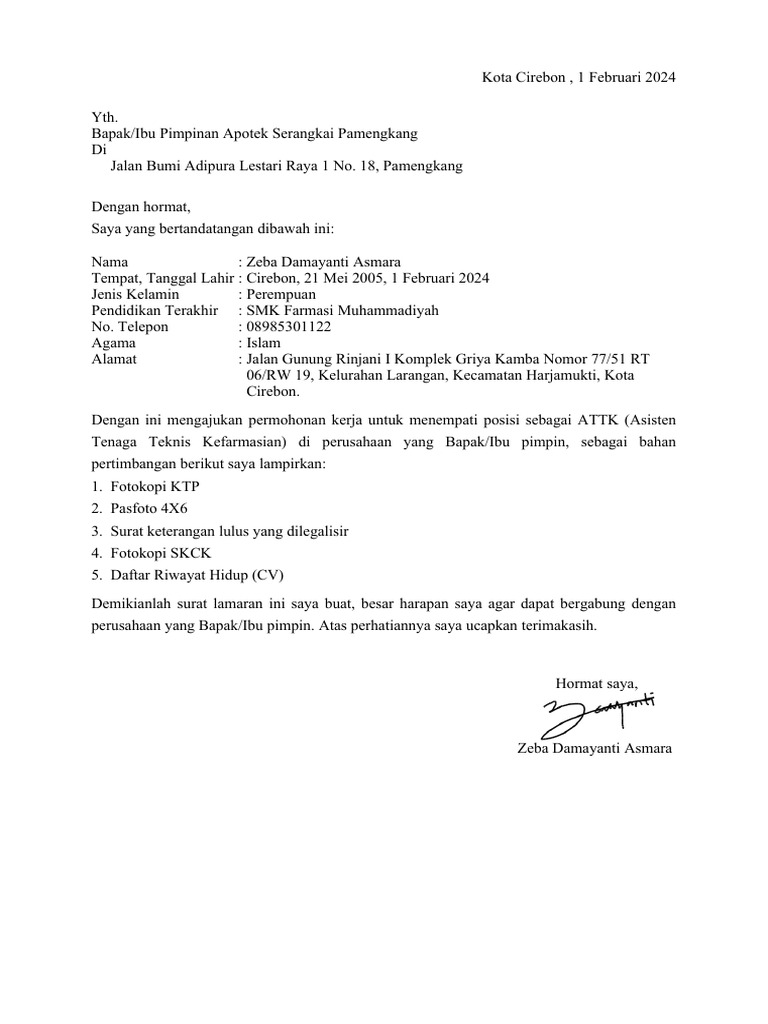 Surat Lamaran Zeba | PDF | Kesehatan Holistik