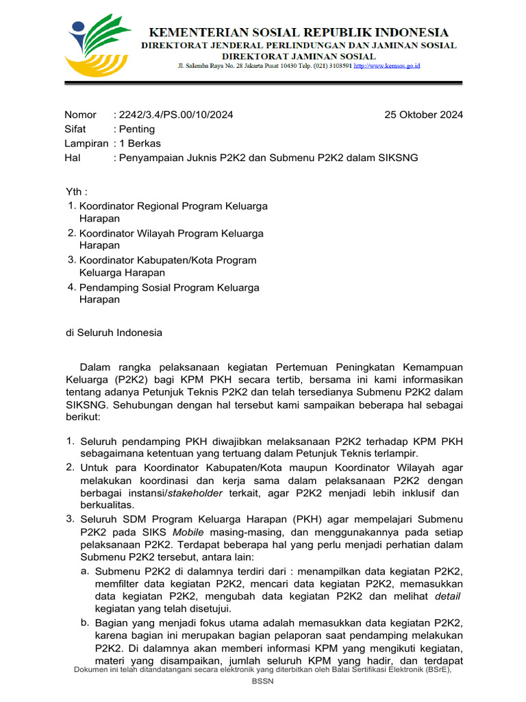 2242, KPD Koreg, Korwil, Korkab Korkot, PDP PKH Selindo, Penyampaian ...