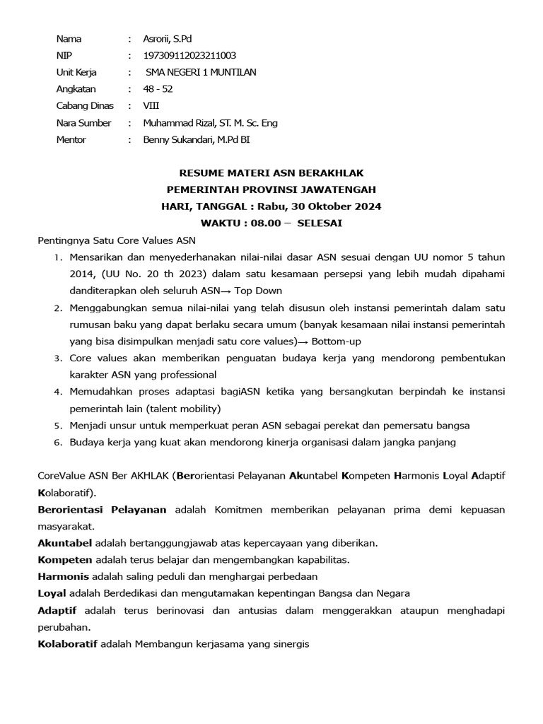 TUGAS RESUME, (MATERI ASN BERAHLAK) Asrori, S.PD | PDF