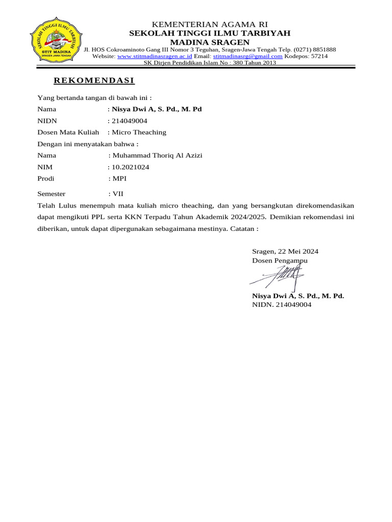 Surat Rekom MC Muhammad Thoriq Al Azizi 10.2021024 | PDF