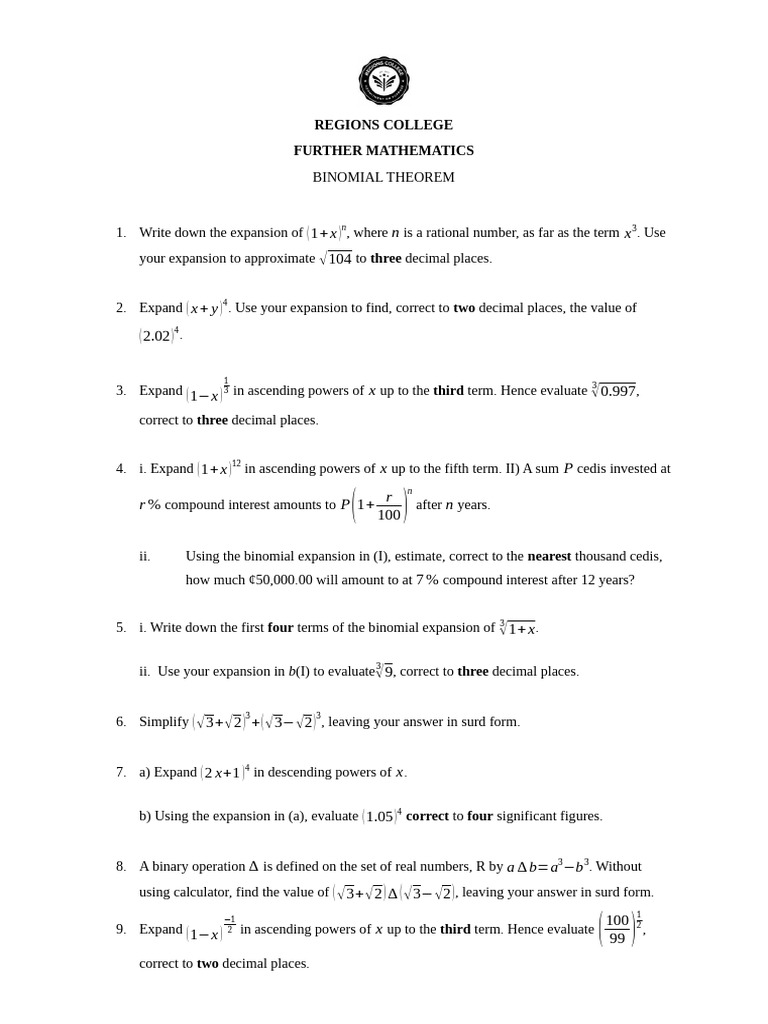 BINOMIAL THEOREM | PDF | Square Root | Significant Figures
