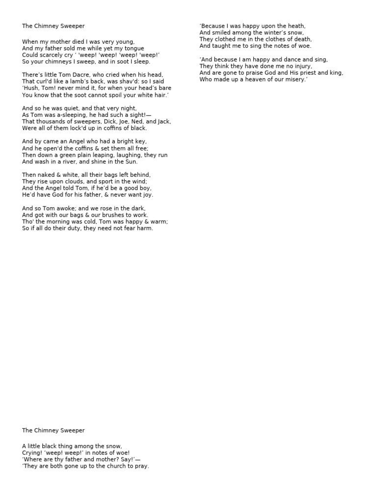 The Chimney Sweeper Poems | PDF | Art | Poetry