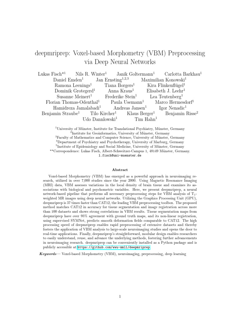 Deepmriprep: Voxel-Based Morphometry (VBM) Preprocessing Via Deep Neural Networks | PDF | Computers