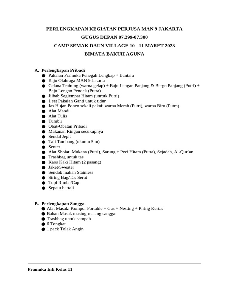 Perlengkapan Kegiatan Perjusa Man 9 Jakarta | PDF