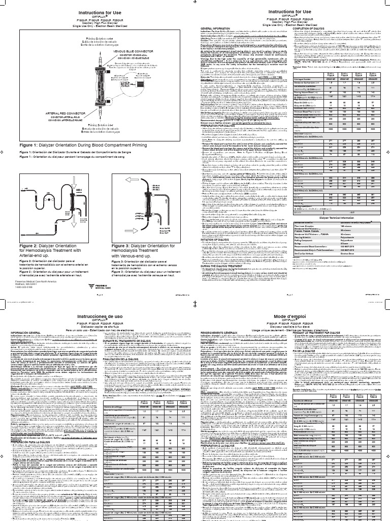 Dialyzer, Insert Sheet, Optiflux (160NRe, 180NRe, 200NRe, 250NR) | PDF ...