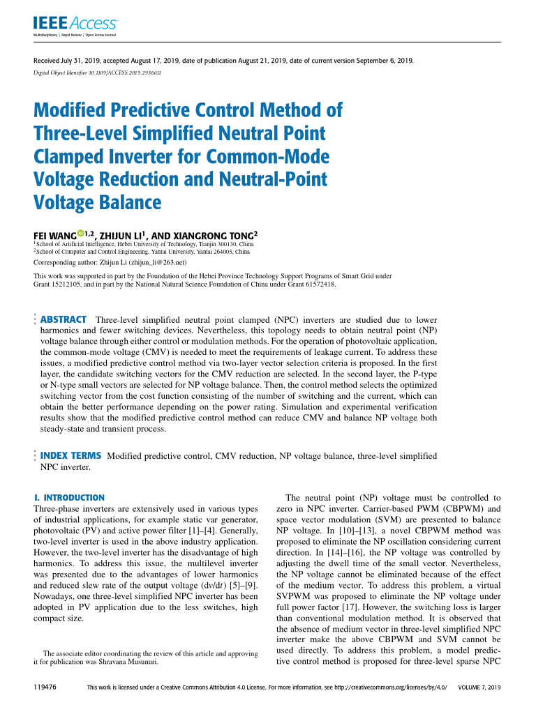 Modified Predictive Control Method of Three-Level Simplified Neutral Point Clamped Inverter For ...