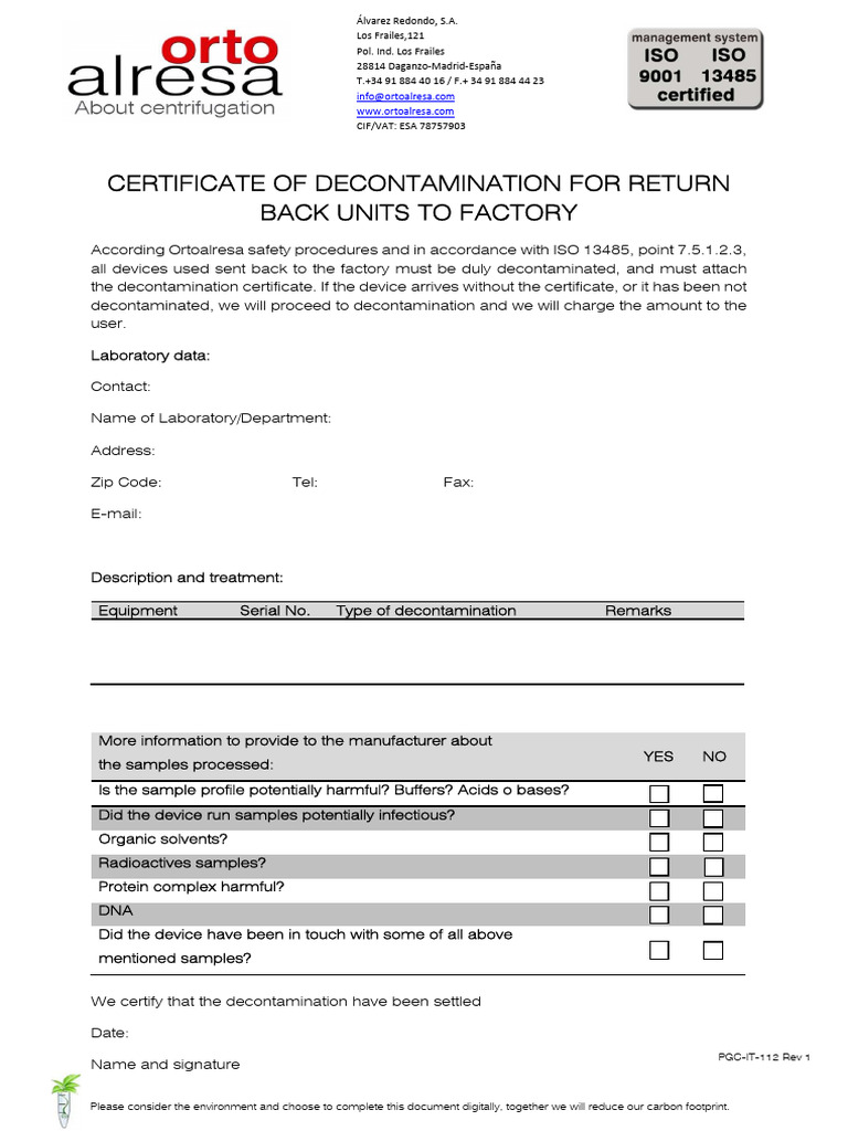 Decontamination Certificate for Returns | PDF
