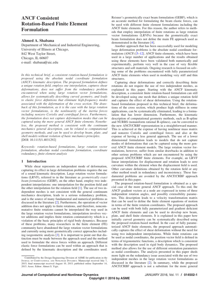 390 Ancf Consistent Rotation Based Finite Element Formulation Pdf