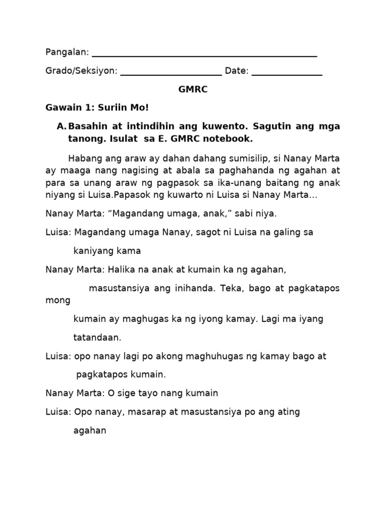 GMRC Gawain 1: Suriin Mo! A. Basahin at Intindihin Ang Kuwento. Sagutin ...