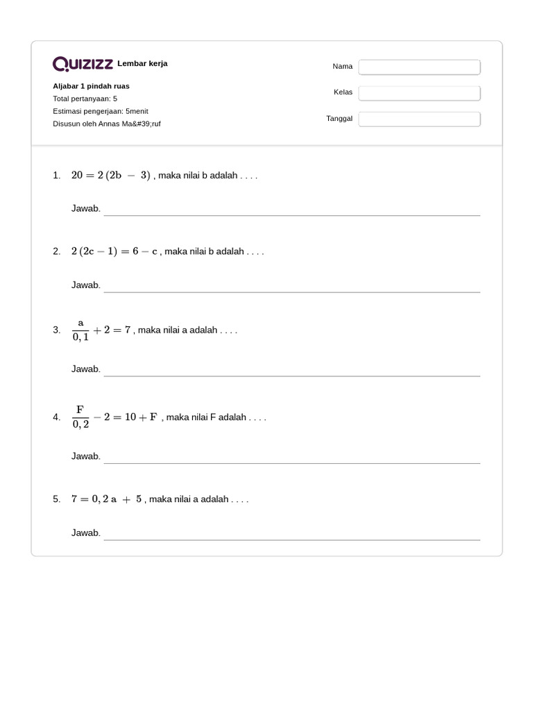 Aljabar 1 Pindah Ruas - Quizizz | PDF | Metode & Bahan Ajar