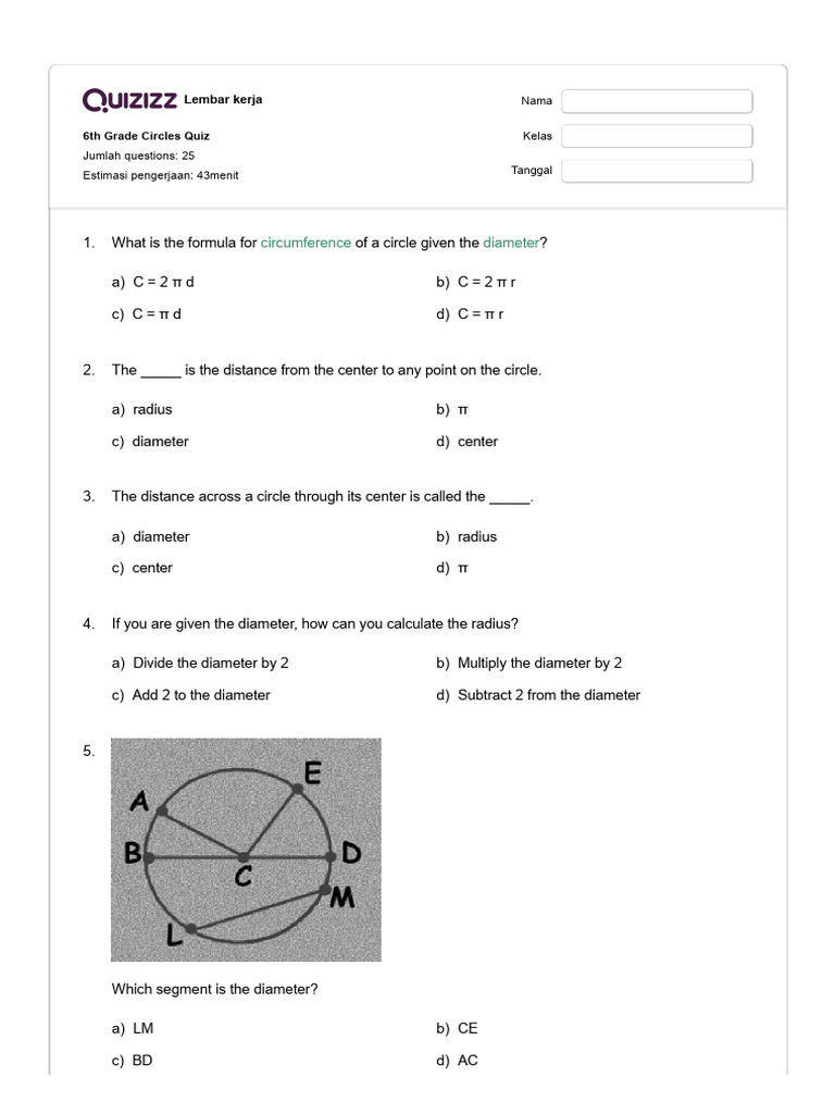 6th Grade Circle Quiz: 25 Questions | PDF | Circle | Area