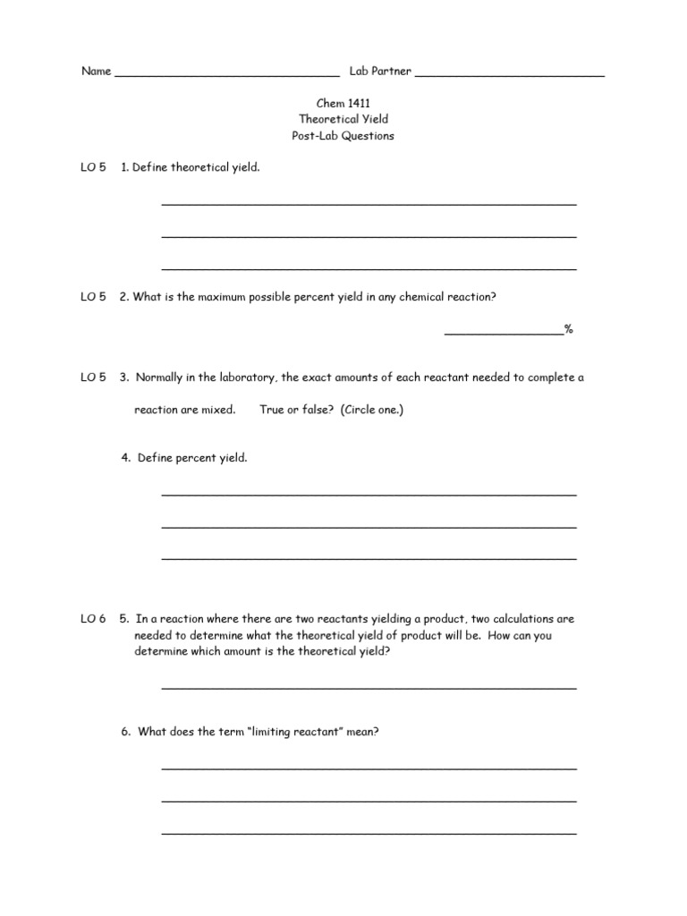 Theoretical Yield and Percent Yield Lab Guide | PDF | Chemistry ...
